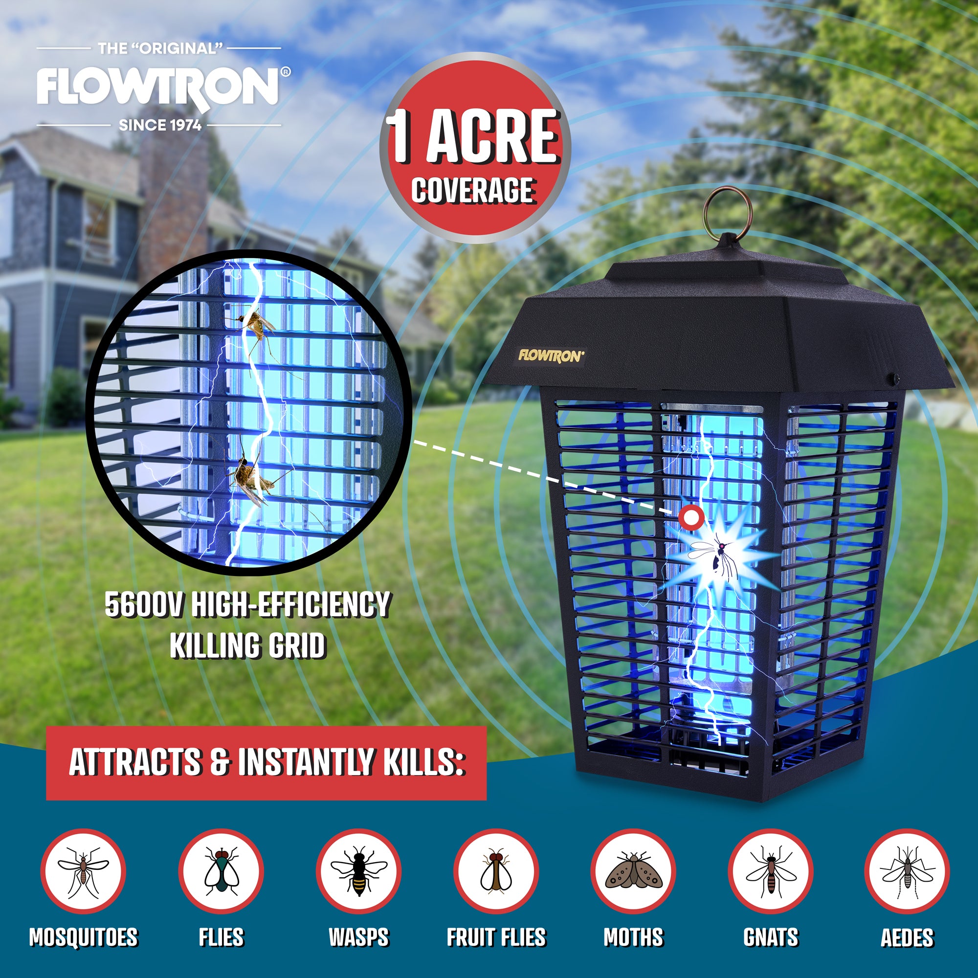 Reliable Bug Zapper for Outdoor Spaces | 1 Acre Coverage | Flowtron