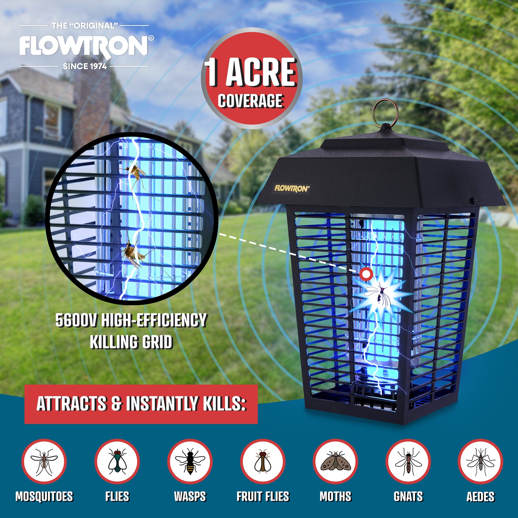 Reliable Bug Zapper for Outdoor Spaces | 1 Acre Coverage | Flowtron