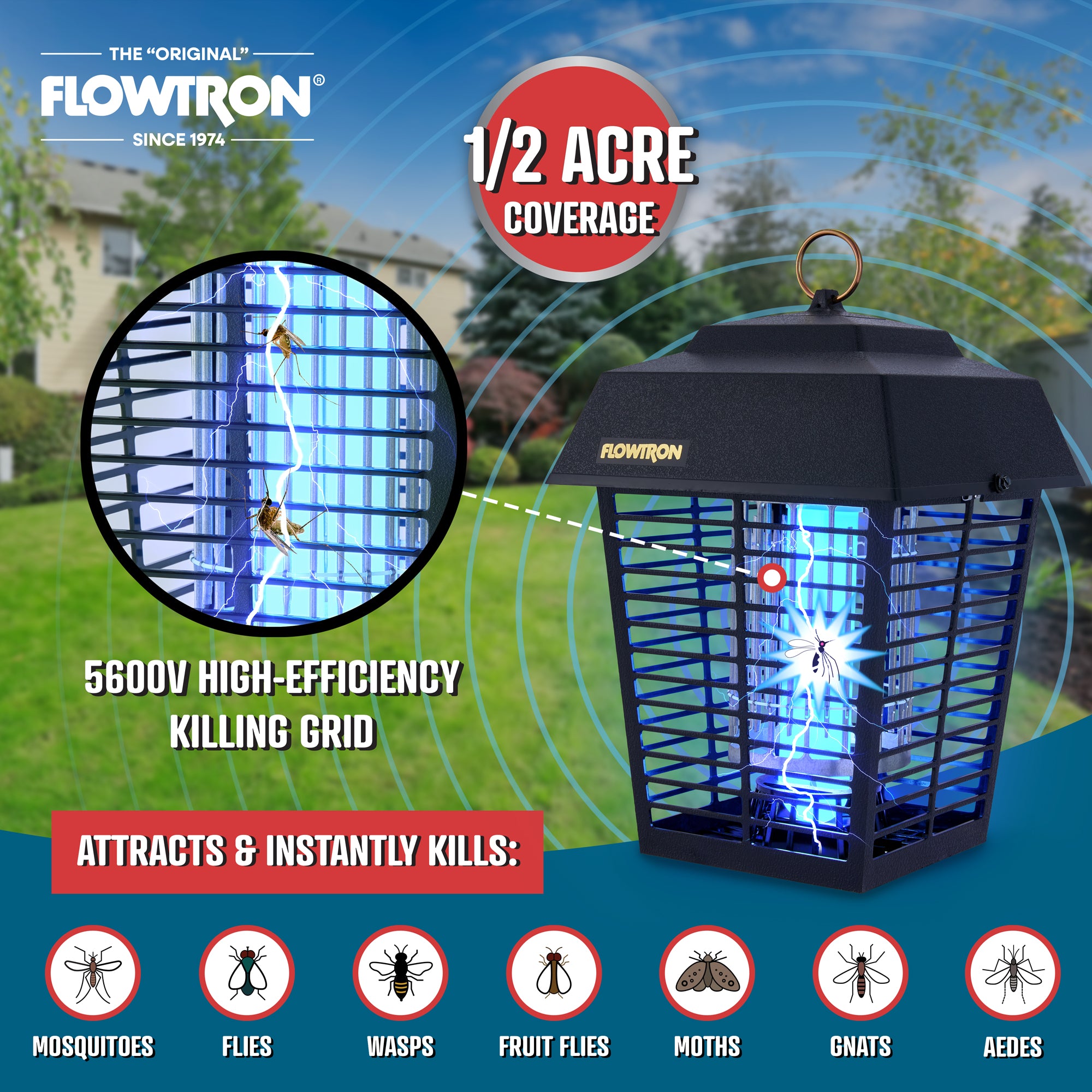 Powerful, Efficient Outdoor Bug Zapper | 1/2 Acre Coverage | Flowtron